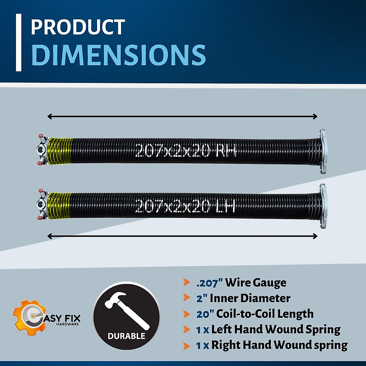 Garage Door Torsion Spring 207x2x20 | Torsion Spring Replacement for Garage Repair | Minimum 16,000 Cycles | Left and Right Hand Wound Replacement with Steel Bearing (Pair) Fix Garage Door 7 + 8 Feet