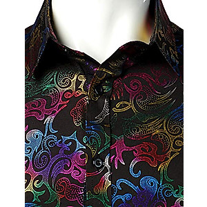 ZEROYAA Men's Luxury Prom Design Slim Fit Long Sleeve Button up Party Dress Shirts ZZCL48 Black Multicolored Large