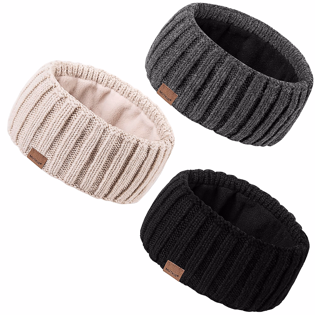 MUTKIS Winter Headbands for Women 3 Pack, Ear Warmers for Women Headband Wool Knit Thick Fleece Lined, Cold Weather Warm Ear Muffs(Black&Beige&Dark Gray)