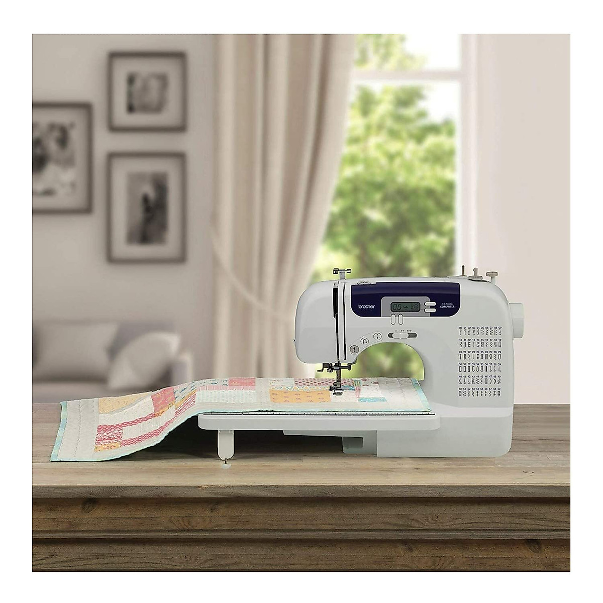 Brother Sewing and Quilting Machine, CS6000i, 60 Built-in Stitches, 2.0" LCD Display, Wide Table, 9 Included Sewing Feet, Beige/Blue