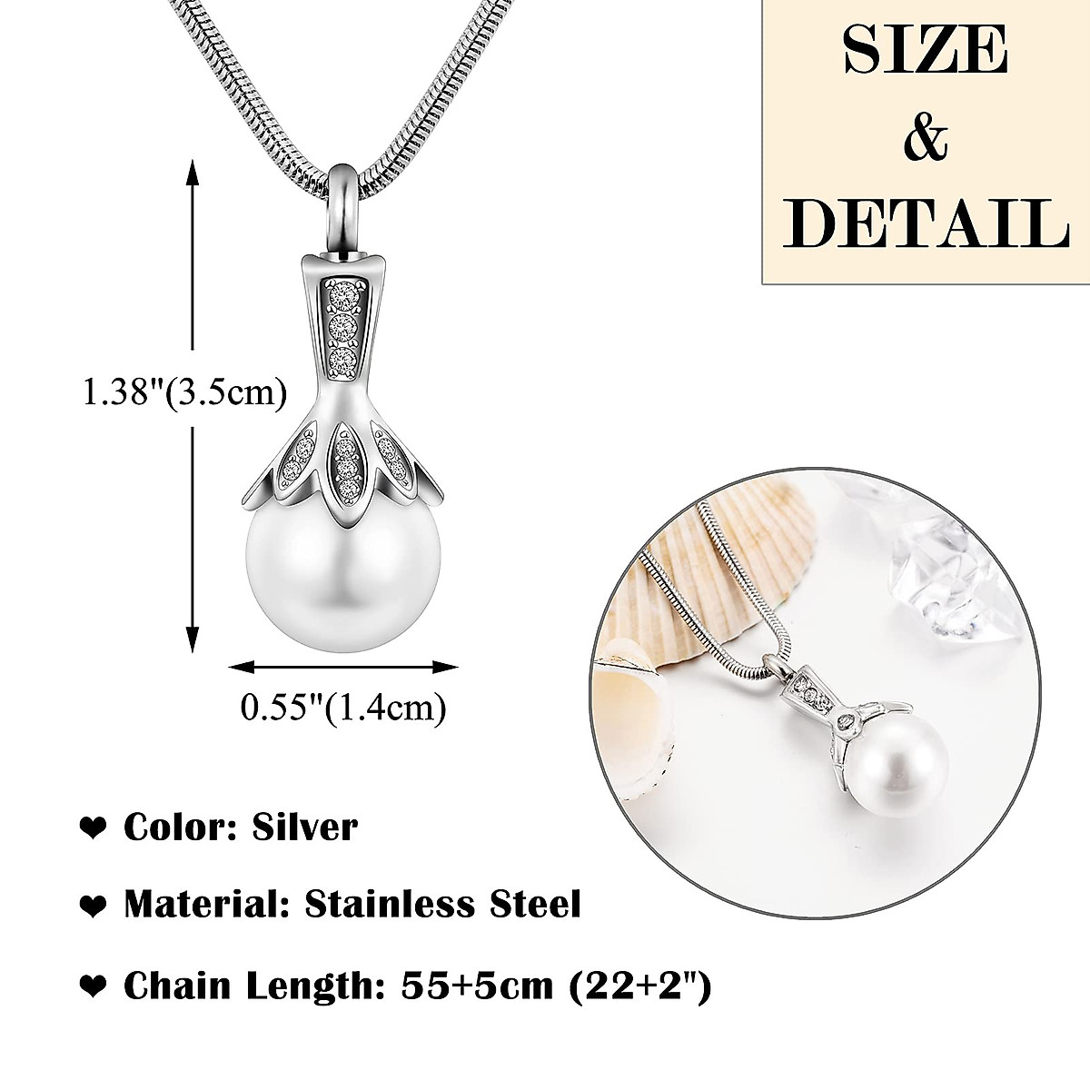 Pearl Urn Necklace for Ashes Memorial Cremation Necklaces Stainless Steel Ashes Necklaces for Men Women