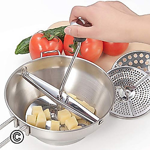 Rotary Food Mill Potato Ricer with 3 Interchangeable Disks, Great for Making Puree or Soups of Vegetables, Baby Foods, Stainless Steel 2-Quart Kitchen Mills, Easy Clean & Easy Assemble