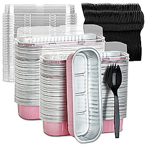 MOACOCK 100 Pack Aluminum Mini Loaf Pans, Aluminum Foil Pans with Lid, 6.8oz Disposable Rectangle Baking Containers Muffin Baking Tins Mini Cake Pans, Pans/Lids/Spoons(Pink)