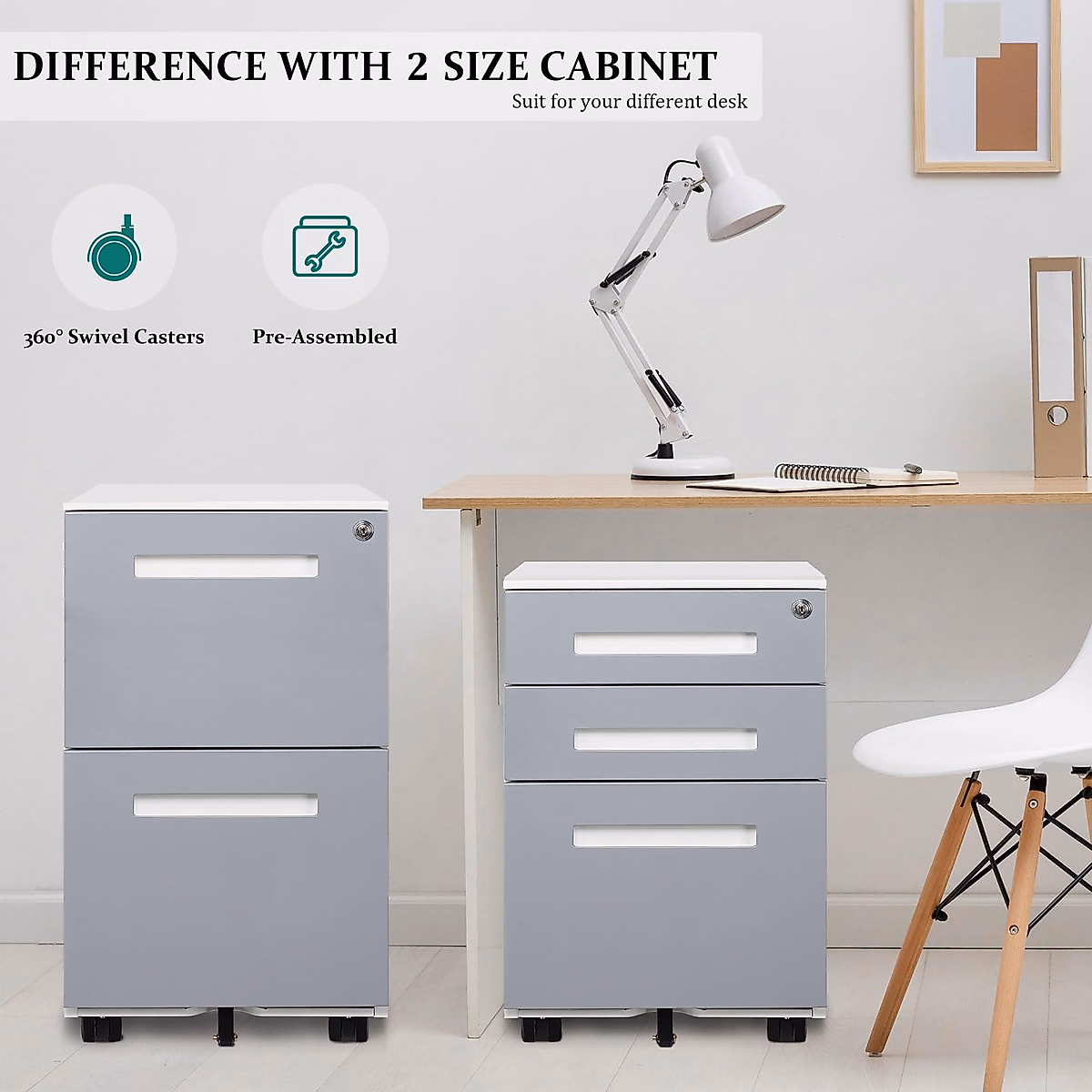 GOOGIC 3-Drawer Mobile File Cabinets, Rolling Metal Vertical Filing Cabinet for Legal & Letter File Anti-tilt Design with Lock Fully Assembled Except Wheel, Gray&White(Style 3)