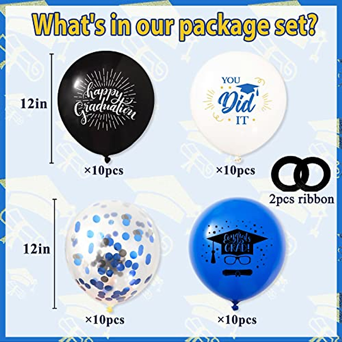 Graduation Balloons Blue 2023 40pcs 12 Inch Royal Blue White Black Confetti Latex Helium Congrats Grad Balloons for Grad Party Decorations Supplies
