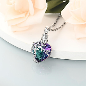shajwo Tree of Life Cremation Heart Urn Ashes Necklace for Women Men Cremation Crystals Ash Pendant Loved One Memorial Jewelry,Silver-Purple Green