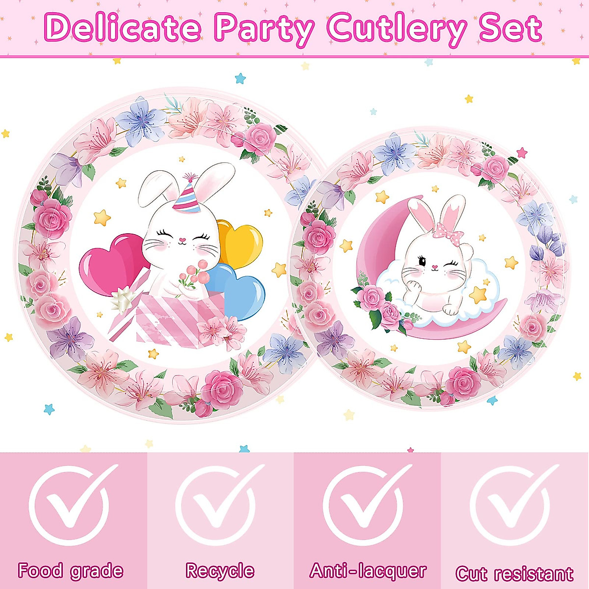 153 Pcs Easter Bunny Birthday Party Decorations Kit with Bunny Birthday Banner, Swirl, Latex Balloons, Cupcake Toppers, Paper Plate Cups Disposable Spoon for Rabbit Themed Girl Birthday Party Supplies