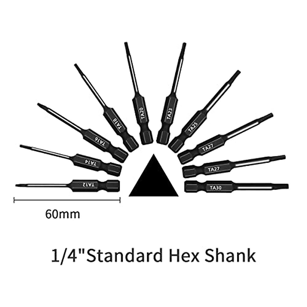 Triangle Bit Set (10 Pack - 2.3" Long Magnetic Heads) In the Following Triangle Screwdriver Sizes: TA12, TA14, TA16, TA18, TA20, TA23, TA25, TA27 (x2), TA30