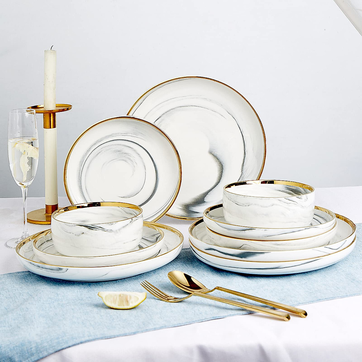Pokini Dinnerware Sets, Marble Gold Line Plates and Bowls Sets Stoneware Dishes Set For 4, 12 Piece White Grey Marble Porcelain Round Dinner Dish Sets