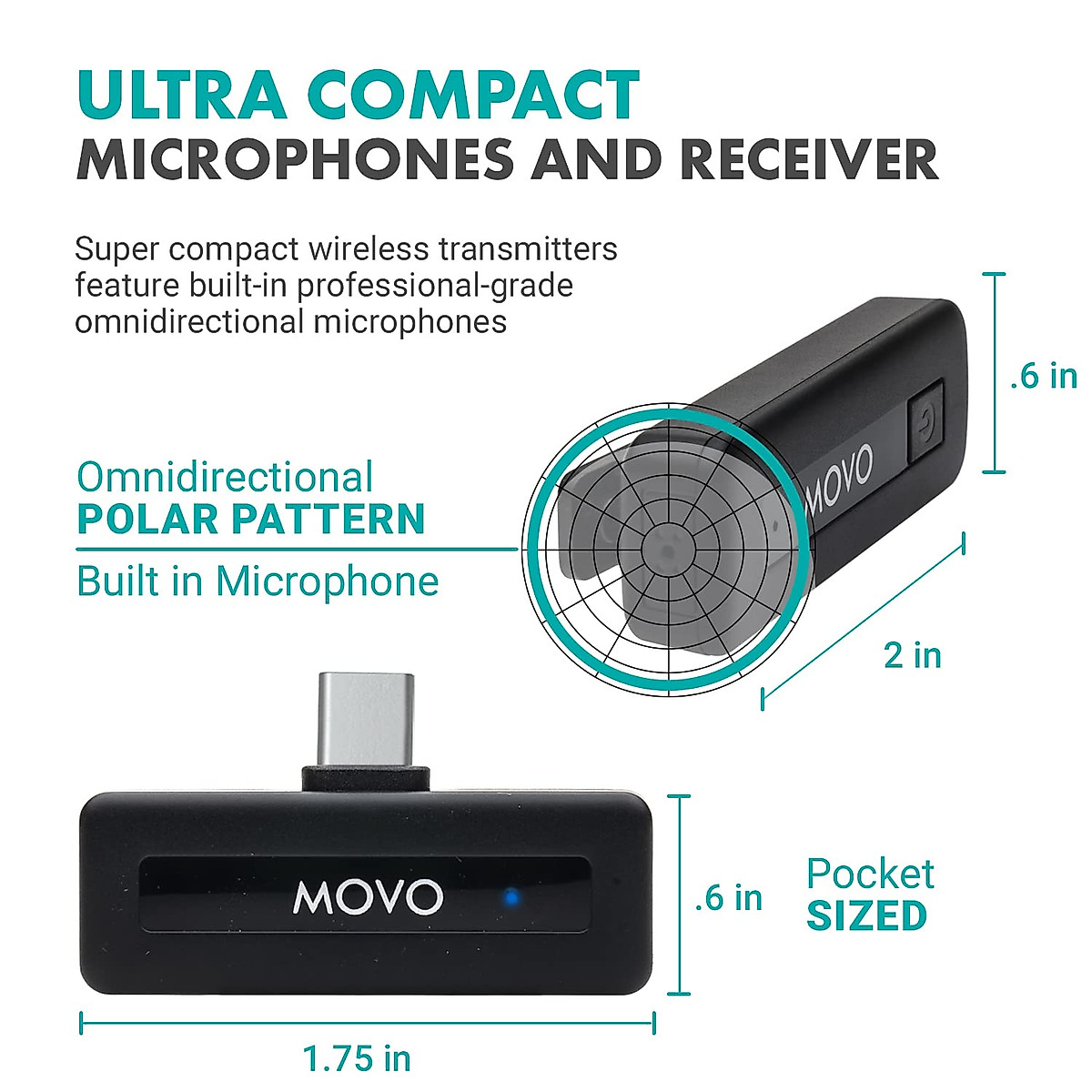 Movo Wireless Mini UC Duo Wireless Microphone for Android - Ultracompact Bluetooth Microphone for Android with Clip on Wireless USB-C Microphone for Android - (10HR Battery Life, 164ft Range)