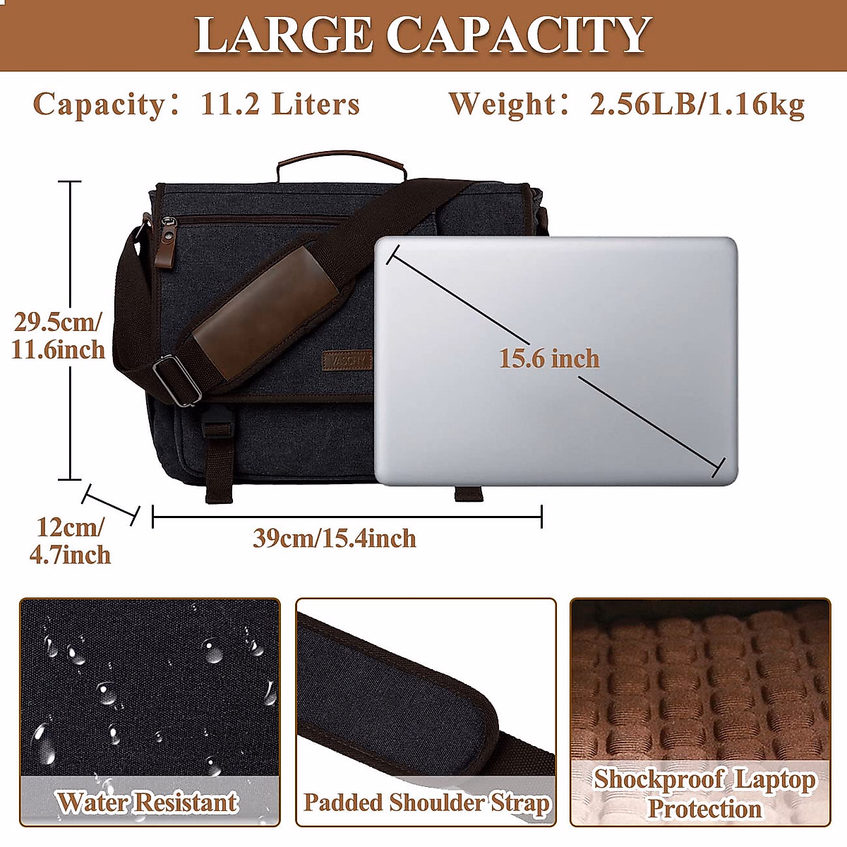 VASCHY Messenger Bag for Men, Canvas Water Resistant Briefcases 15.6in Laptop Bag Crossbody Satchel Computer Bags for Work Office Bag for Women Dark Gray