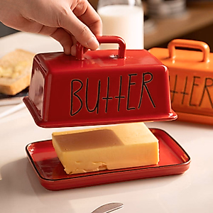 Sweejar Ceramic Butter Dish with Handle Lid, 7.3 Inch Porcelain Large Butter Keeper with Cover, Perfect for East/West Butter (Red)
