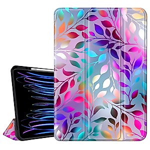 Hi Space for iPad Pro 12.9 Case 2022 2021 2020 2018 6th 5th 4th 3rd Gen with Pencil Holder, Frosted Colorful Leaf Trifold Stand Protective Shockproof Cover Auto Sleep Wake