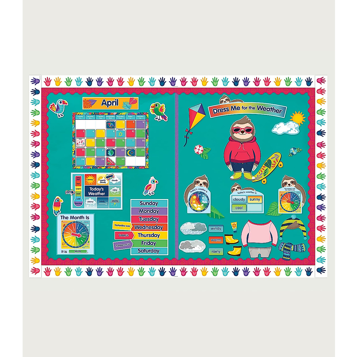 Carson Dellosa 1 World Sloth Weather Bulletin Board Set Seasons & Weather Charts,Seasonal Accents & Articles of Clothing to Dress Sloth for the Weather,Homeschool or Classroom Décor(54 pc)(Pack of 2)