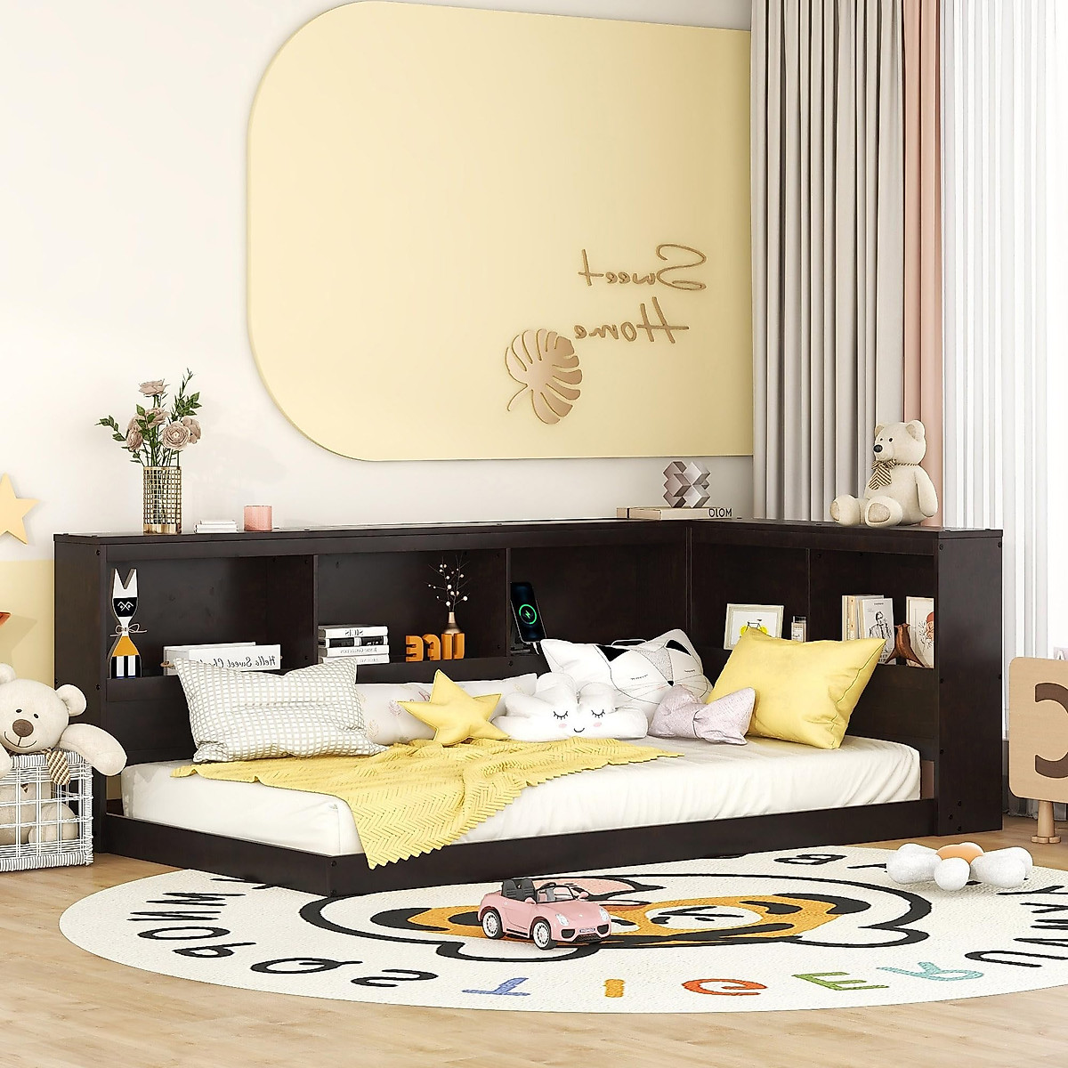 BestLM Wood Twin Size Daybed Floor Bed with Storage Cabinets and USB Ports for Kids Teens Boys Girls, Espresso