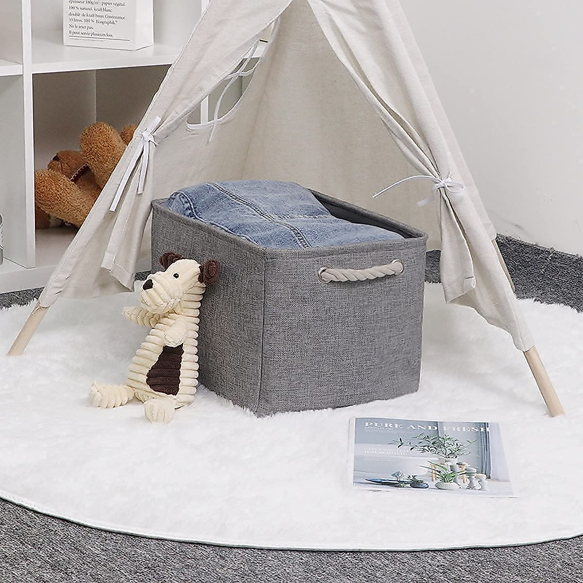 Small Baskets for Shelves(6pack) Fabric Storage Baskets, Empty Gift Baskets with Rope Handles, Decorative Foldable Storage Baskets for Organizing Home Closet & Office (Gray, 11.8” x 7.8” x 5.1”)