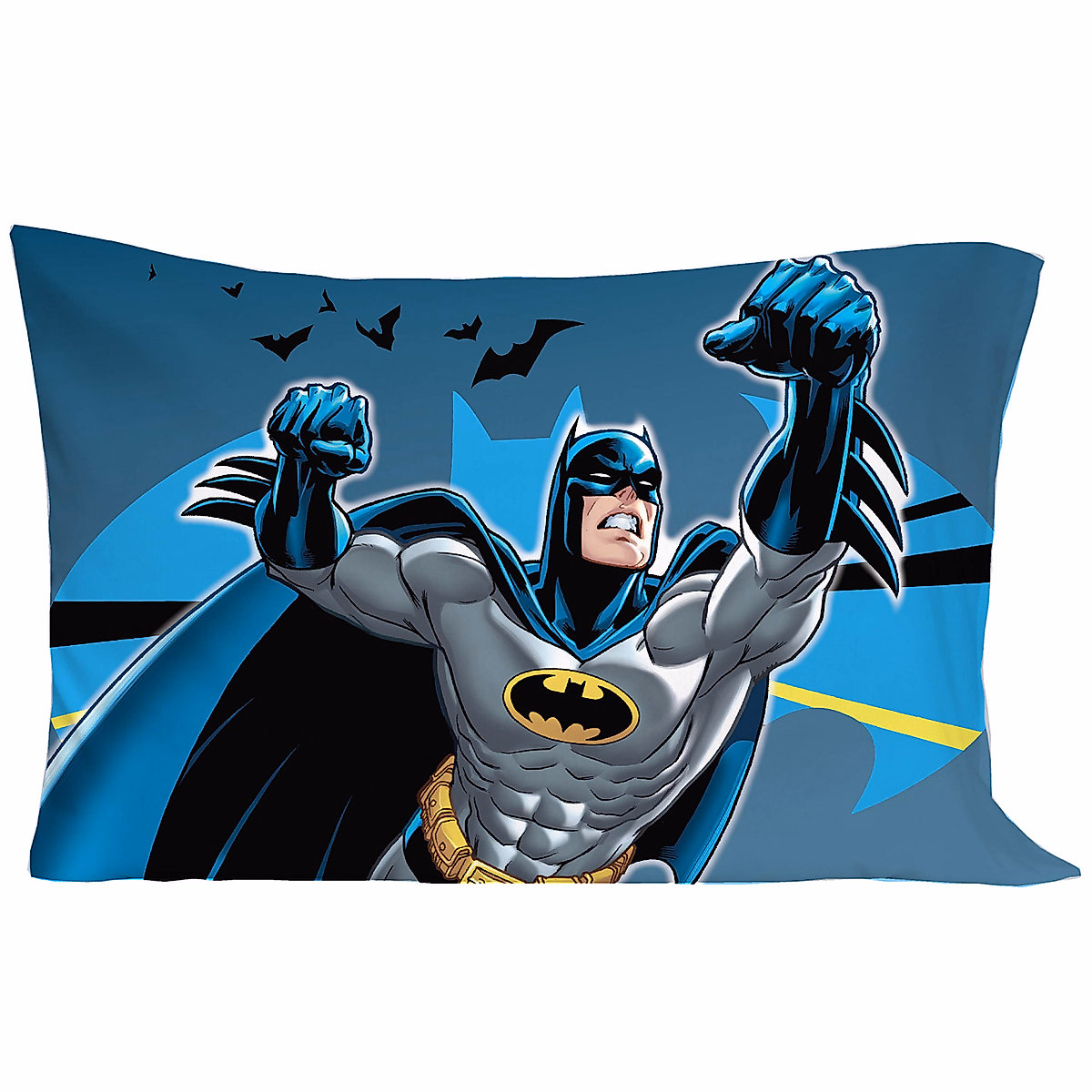 NoJo Batman - Blue Yellow & Grey 4Piece Toddler Bed Set - Comforter, Flat Top Sheet, Fitted Bottom Sheet, Reversible Pillowcase, Blue, Yellow, Black