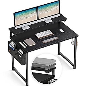 ODK Computer Desk with Adjustable Monitor Shelves, 40 inch Home Office Desk with Monitor Stand, Writing Desk, Study Workstation with 3 Heights (10cm, 13cm, 16cm), Black