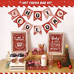 Hot Cocoa Bar Kit Hot Cocoa Banner Hot Chocolate Bar Sign Toppings Tent Cards Cup Tags Stickers for Wintertime Holiday Christmas Party Baby It's Cold Outside Decorations (Red and White Style)