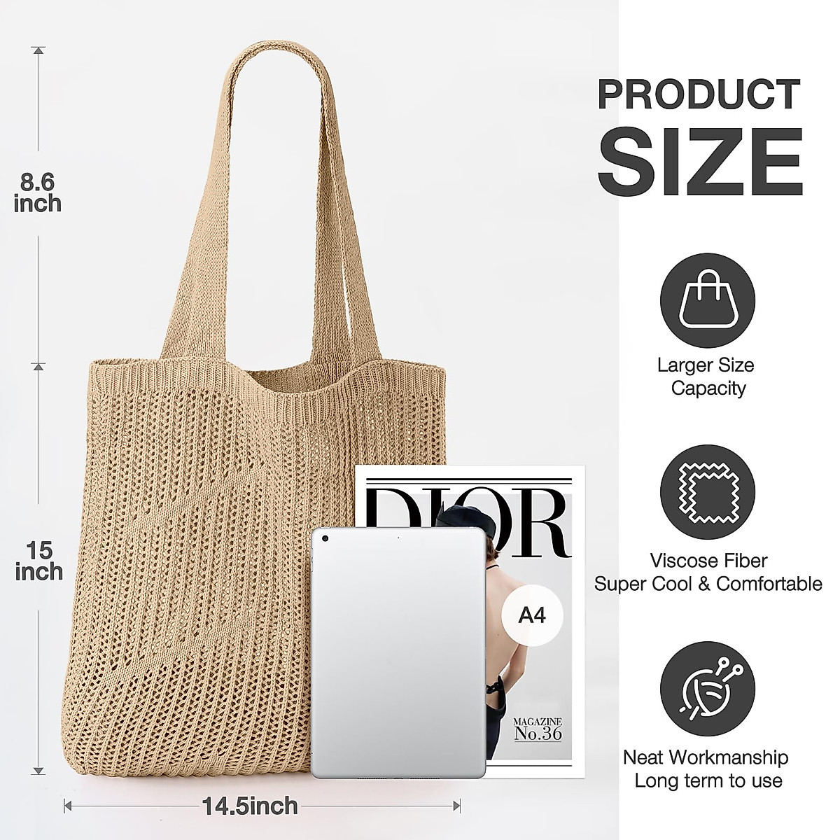 Crochet Tote Bag, Beach Mesh Knitted Bag Large Aesthetic Shoulder Bag Handbags Hollow Hobo Bag for Women Summer (Khaki, 4-Strips)