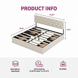 Mixoy Bed Frame with 4 Storage Drawers and Headboard,Cal King Size Upholstered Bed Frame with Curved Button Tufted,Rhombic Stitched,No Box Spring Needed/Easy Assembly/No Mattress(Cal King,Beige)