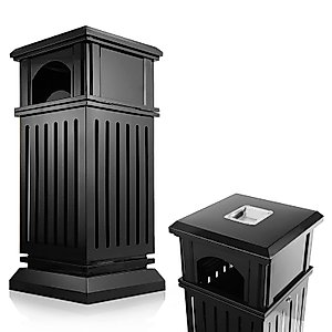 IRONWALLS Commercial Trash Can with Lid, Black Outdoor Garbage Can for Patio, Side Opening Steel Square Commercial Waste Bin, Decorative Trash Container with Removable Inner Bucket for Park, Garden