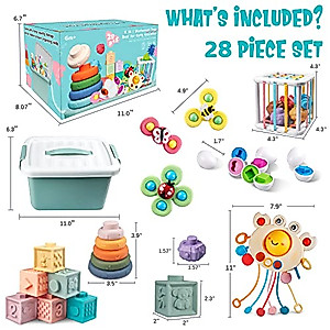 Baby Toys 6 to 12 Months, Montessori Toy for Toddlers 1-3, Infant Teething Babies Toy 6 in 1 Stacking Blocks Rings Pull String Toy Suction Cup Spinner Toy Matching Eggs Shape Sorter Sensory Bin (A)