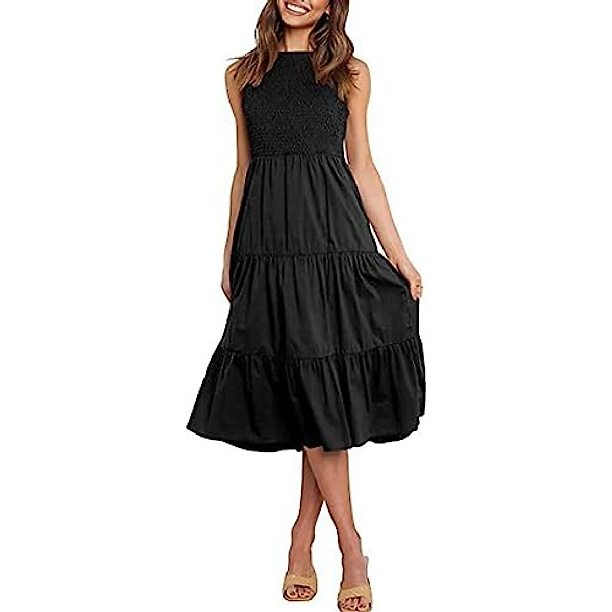 WEEBAG Summer Dresses for Women 2023 Beach Sleeveless Casual Sundress Crewneck Hawaiian Tshirt Dress A-Line Spring Tank Dress Black