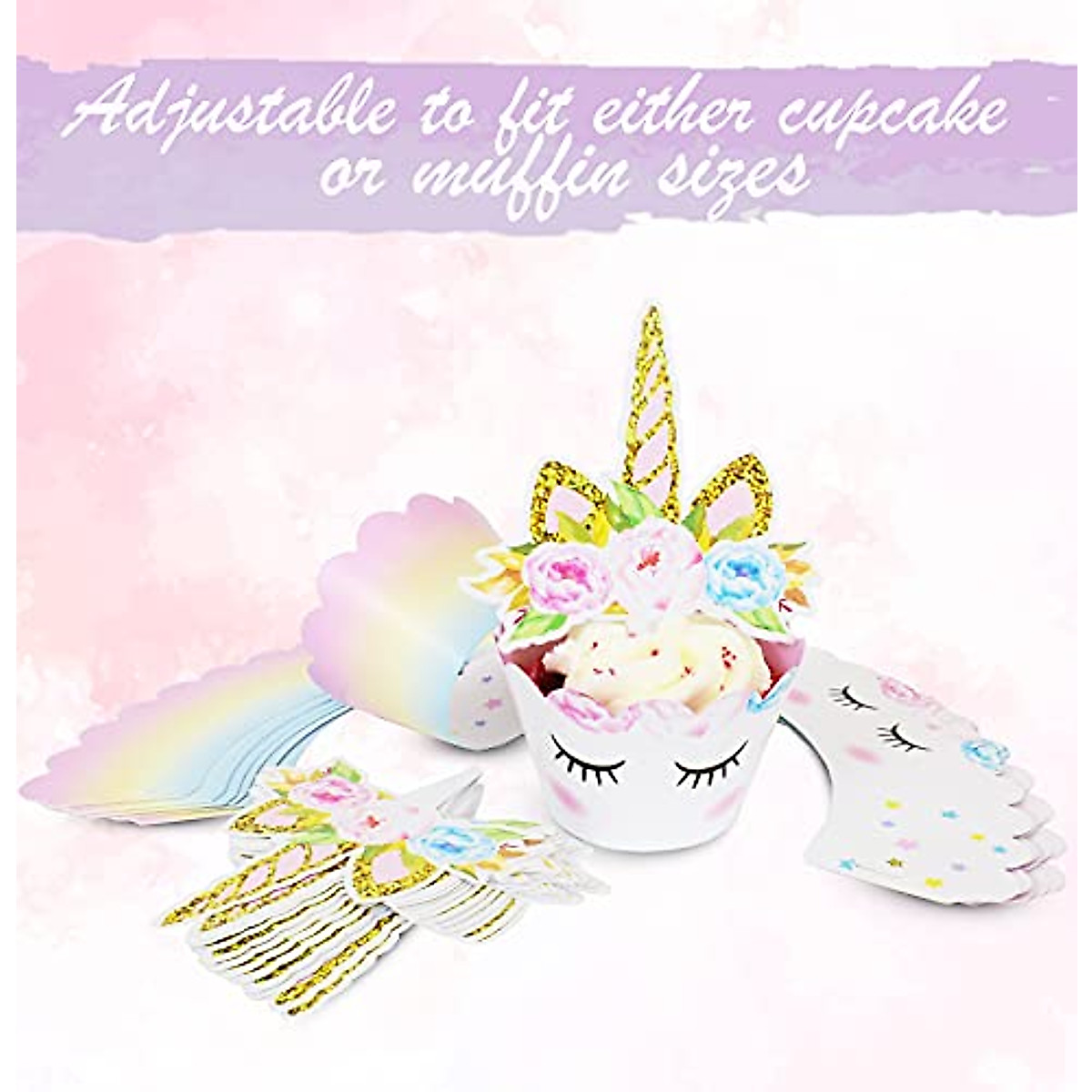 Unicorn Cupcake Toppers and Wrappers Decorations (30 of Each) - Reversible Rainbow Cup Cake Liners with Unicorn Topper | Cute Decorating Supplies for Girl Birthday Party