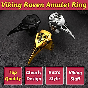 FaithHeart Mens Skull Rings Size 9 Black Stainless Steel Punk Viking Jewelry for Male Retro Celtic Knot Raven Biker Pinky Ring