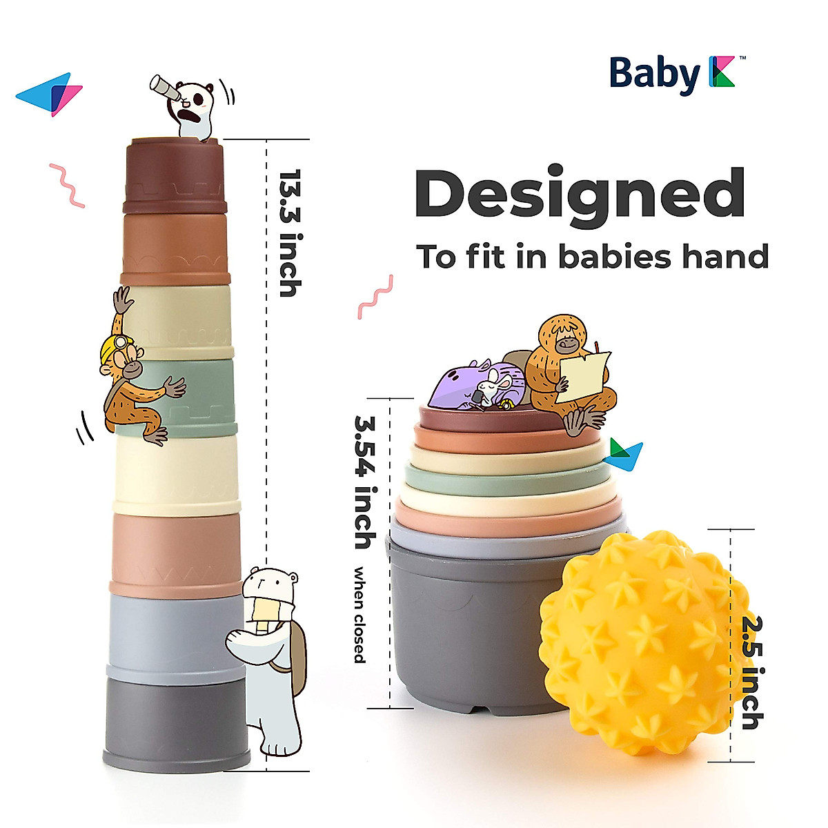 BABY K Baby Stacking Cups Toy (9 Pieces) - Silicone Stacking Cups for Babies 6-12 Months - Nesting Cups Baby Toy with Sensory Baby Ball Toy and Growth Journal - Stackable Cups for Baby Motor Skills