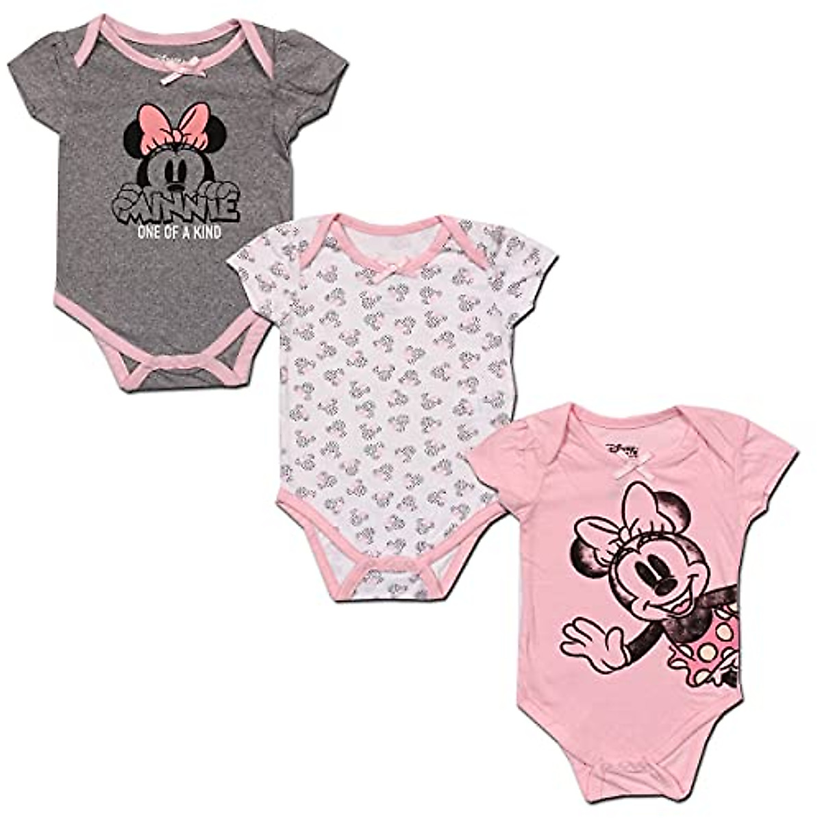 Disney Minnie Mouse Girls’ 3 Pack Bodysuits for Newborn – Pink/Red/Grey/White