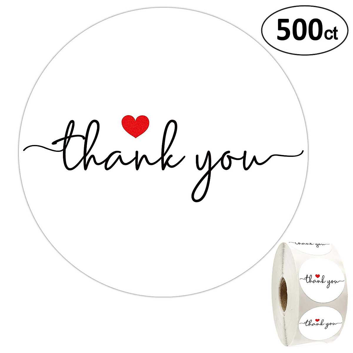 Thank You Stickers, 1.4 inches Circle Labels, 500 Modern Thank You Label Stickers with Red Heart, Wedding Thank You Stickers, Perfect for Bridal Showers, Small Business Boutique Bags.