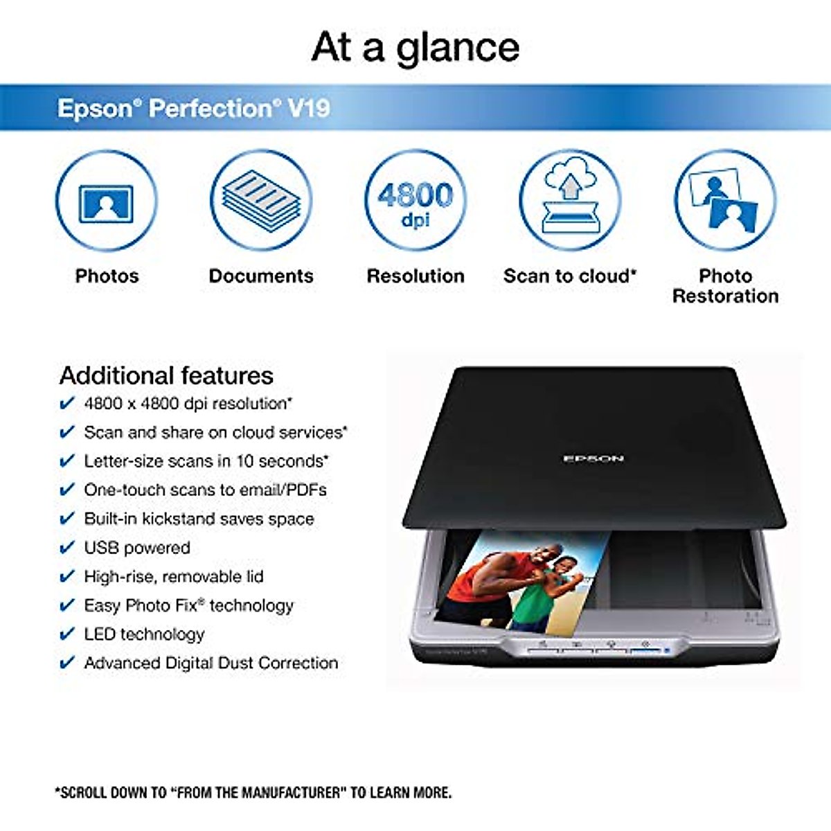 Epson Perfection V19 Color Photo & Document Scanner with scan-to-cloud & 4800 dpi optical resolution , Black