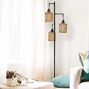 Feohak Boho Floor Lamp, Rattan Floor Lamps for Living Room 3-Light Bamboo Wicker Farmhouse Rustic Coastal Bohemian Straw Tall Tree Standing Lamp for Bedroom Office