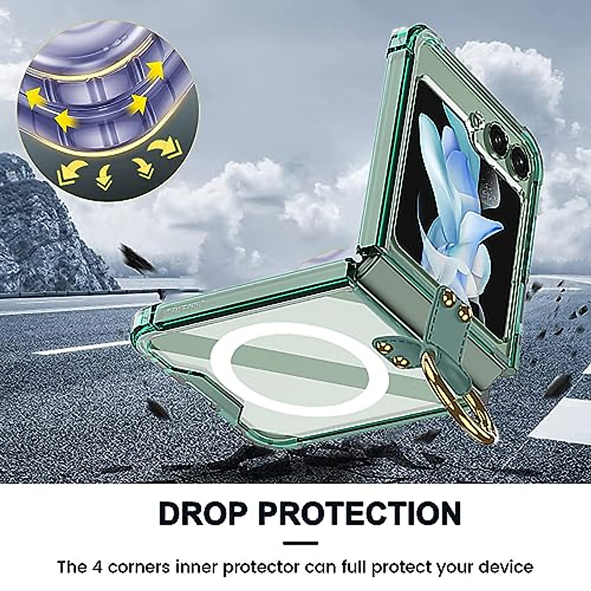 NINKI Compatible Samsung Galaxy Z Flip 5 Case Clear with Ring,4 Corners Heavy Duty Shockproof Samsung Z Flip 5 Case Rugged Slim Silicone Wireless Cover Phone Case for Galaxy Z Flip 5 Case 5G (Green)