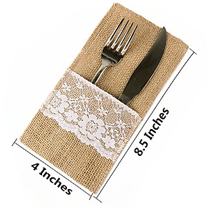 FQTANJU 50 PCS 4"x8" Hessian Burlap Lace Wedding Cutlery Holder Pouch Rustic Decorations Favor
