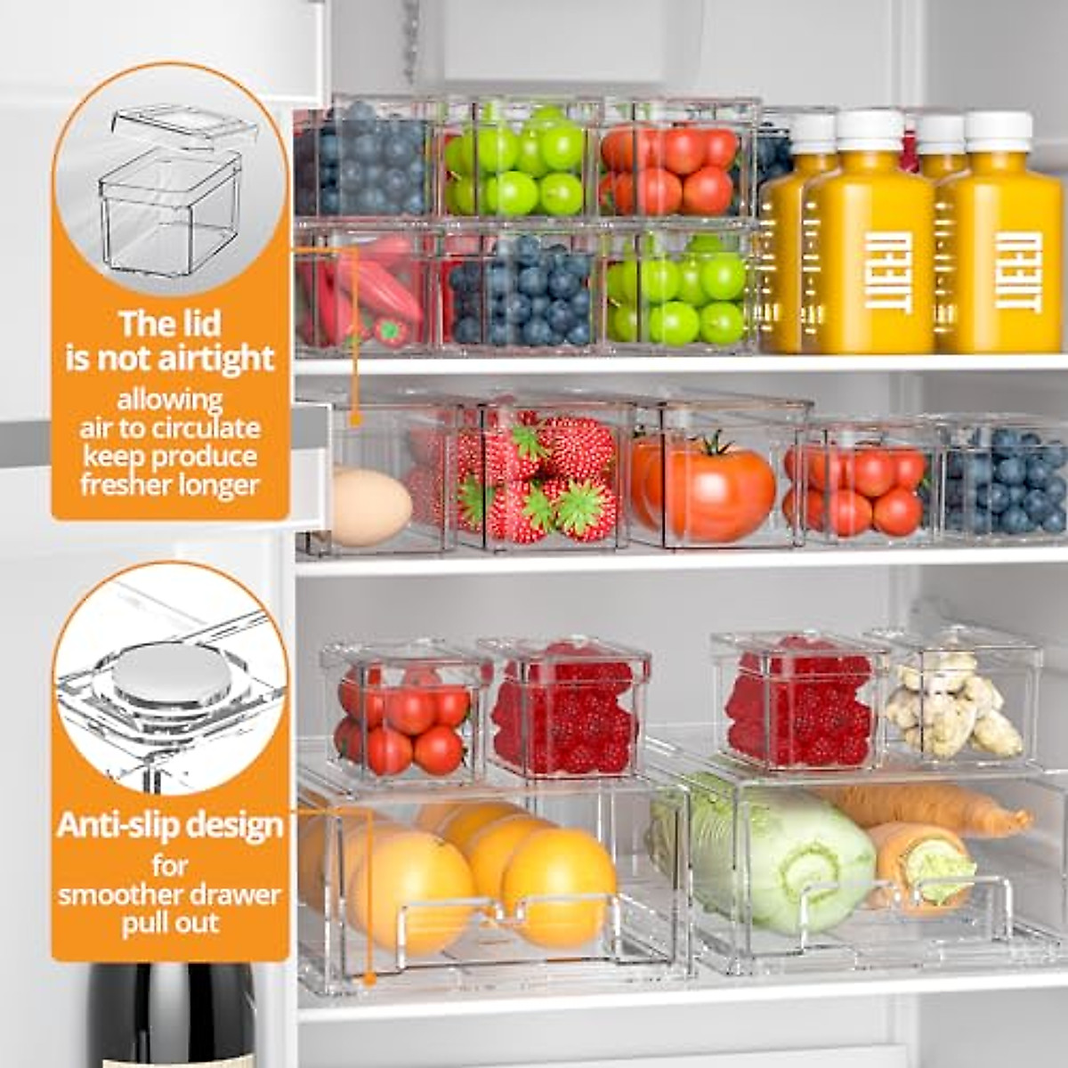 BOICHU Refrigerator Organizers and Storage - 14 Pack Clear Fridge Organizer Bins with Lids and Pull Out Drawers, 3 Size Stackable Fruit Storage Containers for Fridge, Keep Fruit and Vegetable Fresh