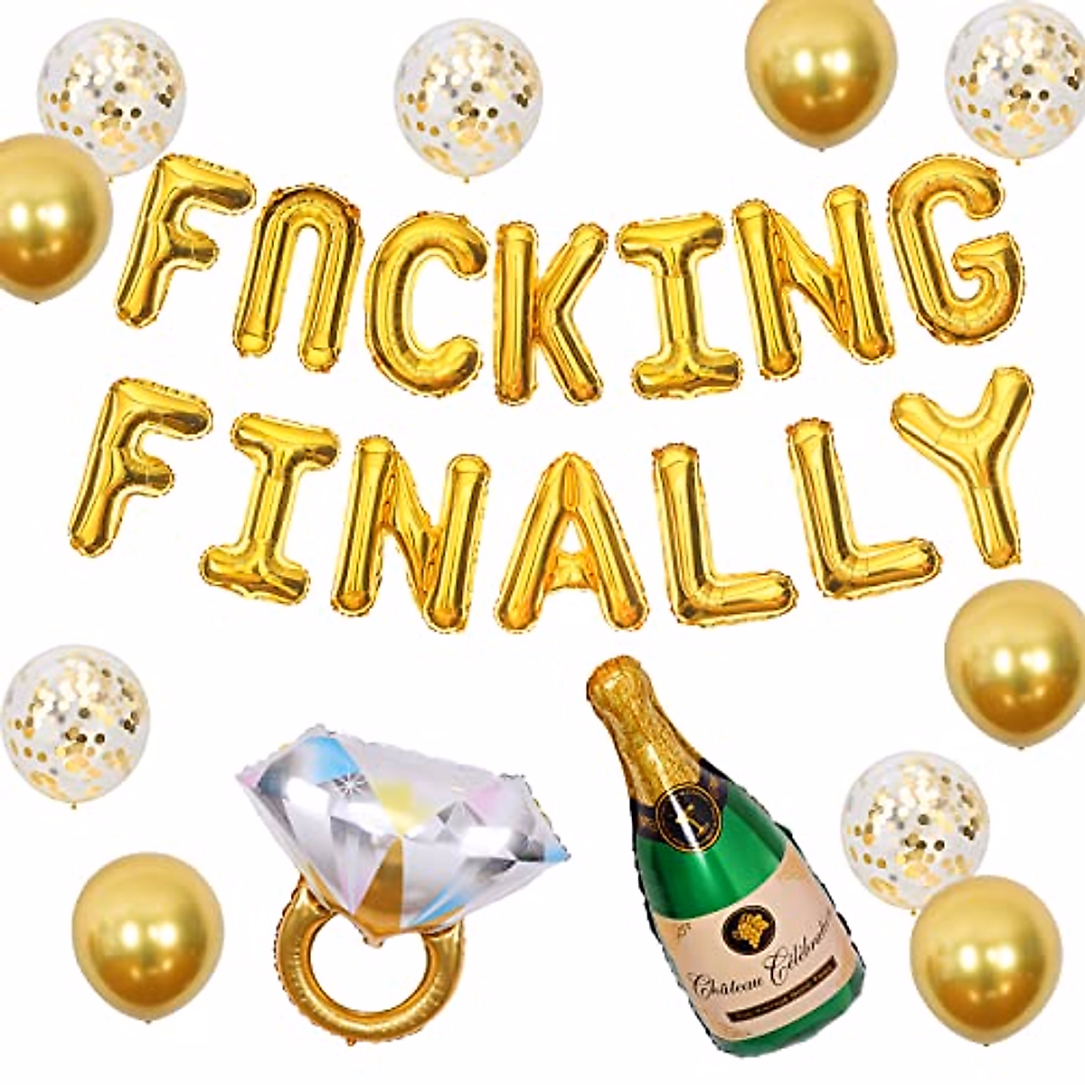 Bachelorette Party Decorations Kit Gold-Fcuking Finally Bachelor Party Decor with Diamond Ring and Champagne Foil Balloons for Engagement Bridal Shower Hen Party Supplies