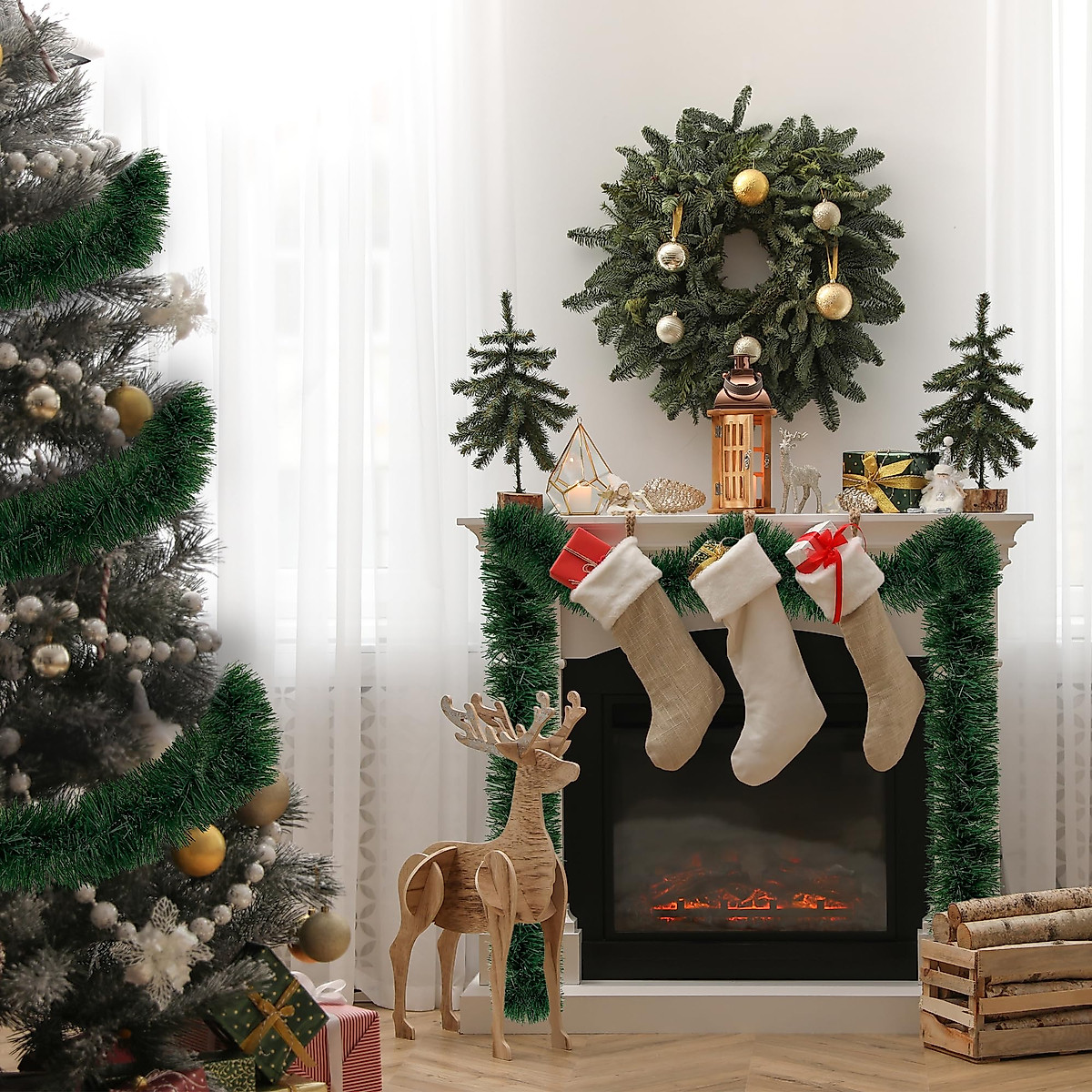 Sggvecsy 49.2Ft Christmas Dark Green Tinsel Garland Xmas Tree Decorations Christmas Metallic Twist Garland Ceiling Hanging Decorations for New Year Party Birthday Holiday Indoor Outdoor Supplies