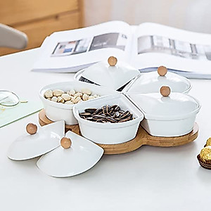 WMM 11 Inch Ceramic Divided Serving Dishes with Bamboo Tray and Lids, 5 Removable Snack Bowls Relish Tray for Candy, Nut, Fruits, Chips and Dip