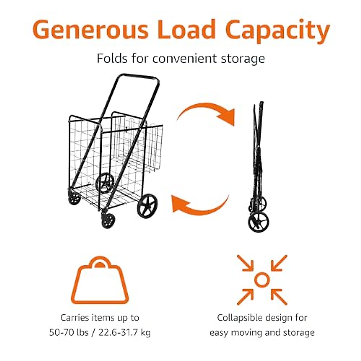 Amazon Basics Foldable Shopping Utility Cart with 360-Degree Wheels, X-Large, Black