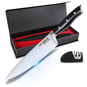 FETERVIC Chef Knife 8 Inch Chef's Knife with Knife Sharpener, German High Carbon Stainless Steel Kitchen Knife with Triple-Rriveted Ergonomic Handle & Gift Box