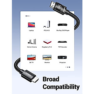 UGREEN HDMI 2.1 Cable 8K 10FT Ultra High Speed HDMI Cord Braided 48Gbps 4K@120Hz 8K@60Hz Support Dynamic HDR eARC Dolby Atmos HDCP Compatible with PS5 PS4 Xbox Roku TV HDTV Blu-ray Projector