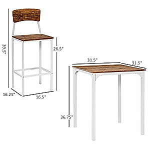 HOMCOM 3 Piece Industrial Counter Height Dining Table Set, Bar Table & Chairs with Steel Legs & Footrests, White