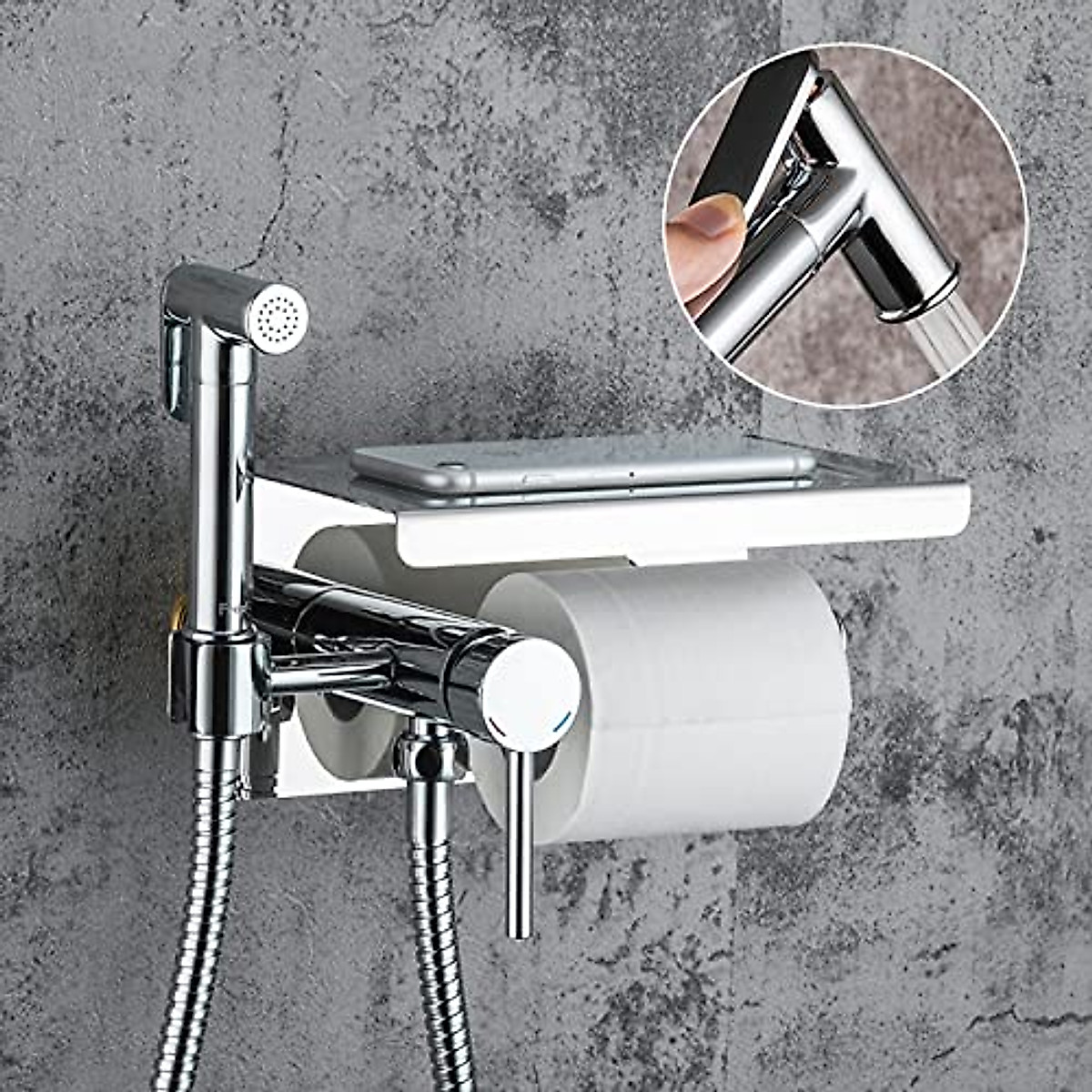 MINJING Handheld Bidet Sprayer for Toilet Brass Chrome Baby Cloth Diaper Sprayer with Toilet Paper Holder for Hot and Cold Water Portable Bidet Faucet with Bidet Hose for Feminine Wash