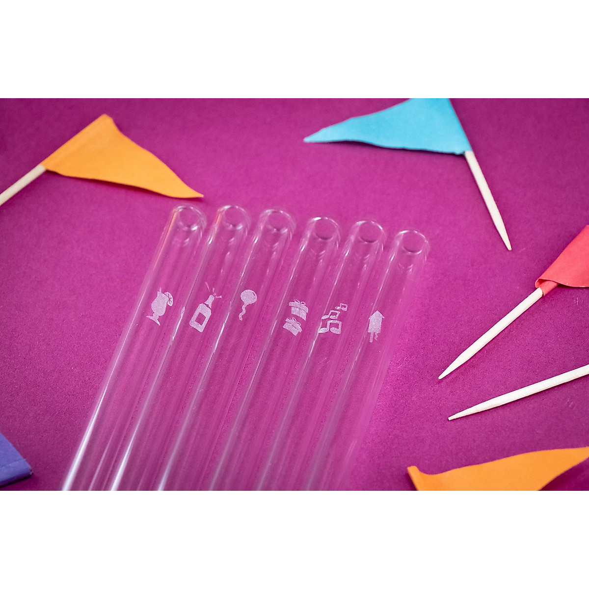 HALM Glass Straws - Birthday Party Edition - 6 Reusable Drinking Straws With Engraved Icons 20cm (8 in) - Birthday Present, Gift - Made in Germany - Dishwasher Safe - Eco-Friendly