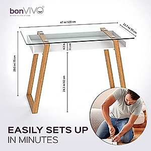 bonVIVO Massimo Small Desk - 47 Inch, Modern Computer Desk for Small Spaces, Living Room, Office and Bedroom - Study Table w/Glass Top and Shelf Space - White