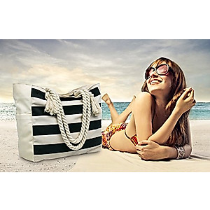 Malirona Large Beach Travel Tote Bag Canvas Shoulder Bag with Cotton Rope Handle (Black Stripes)