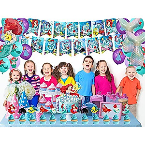Little Mermaid Birthday Party Decorations for Girls Ariel Princess Birthday Party Supplies Includes Happy Birthday Banner,Latex Balloons, Shaped Foil Balloons, Cake Topper, Cupcake Toppers for Girls Little Mermaid Party Gift